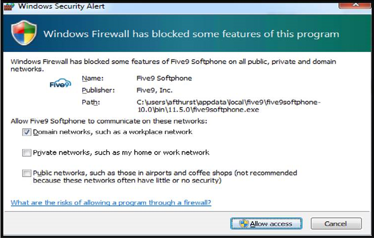 VCC | Suppress/Stop windows firewall notifications when launching a Five9 Softphone/app